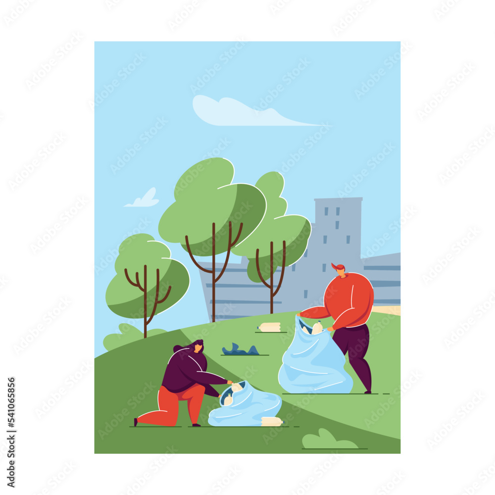 Volunteers cleaning city street or park from garbage. Flat vector ...