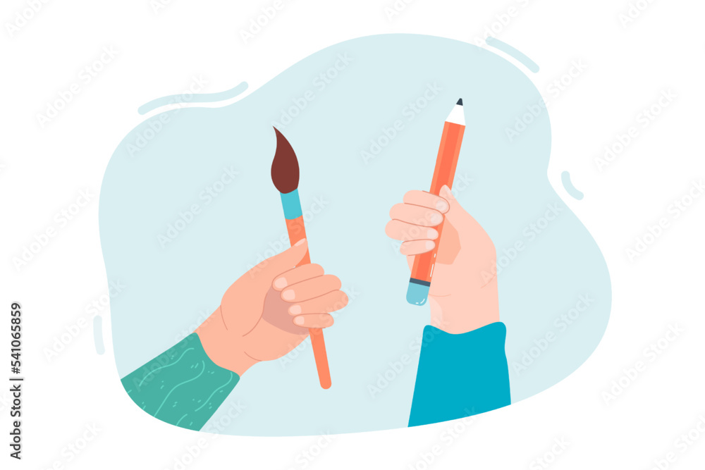 Artists hands holding brush and pencil to paint. Person drawing with ...