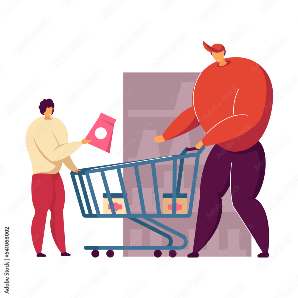 Happy dad and son buying food in supermarket flat vector illustration ...