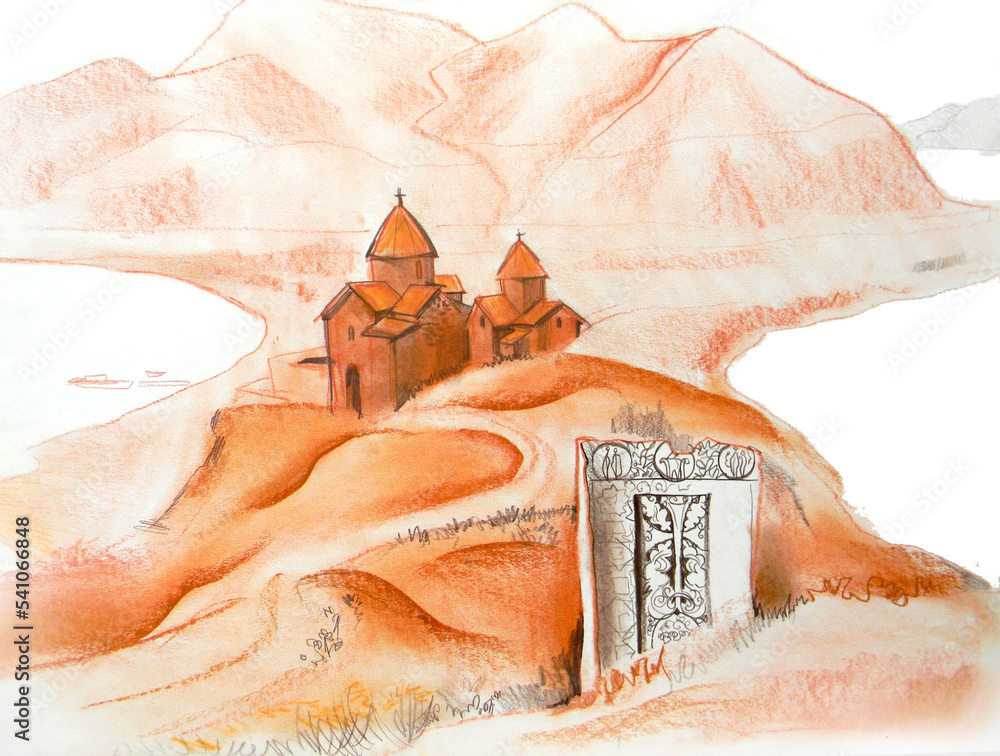 Roads of Armenia. Sketch of ancient church and old Armenian cross ...