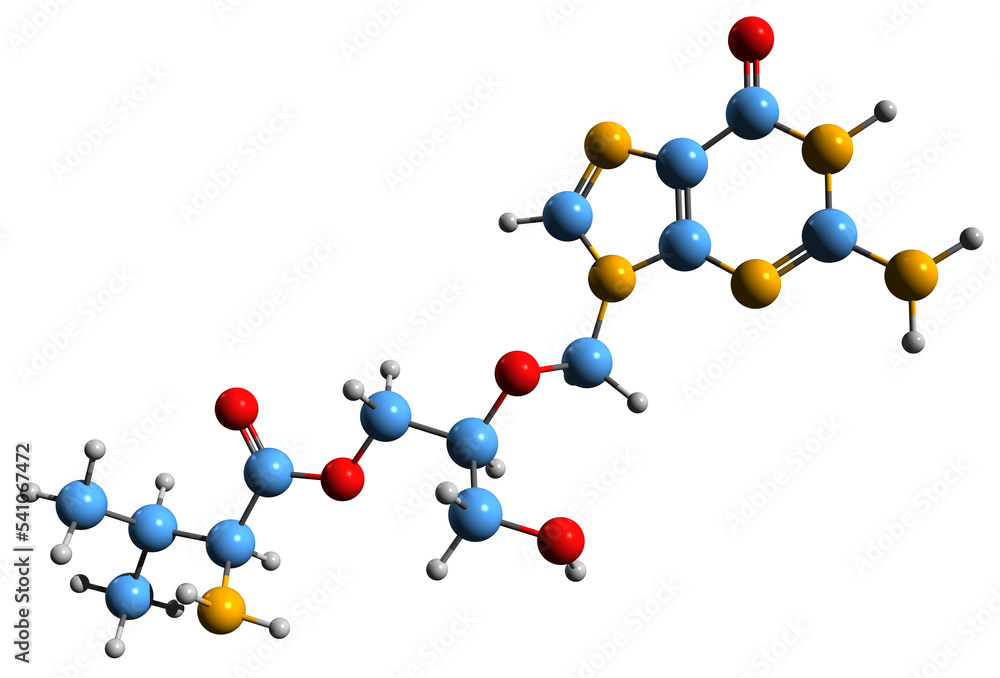 3D image of Valganciclovir skeletal formula - molecular chemical ...