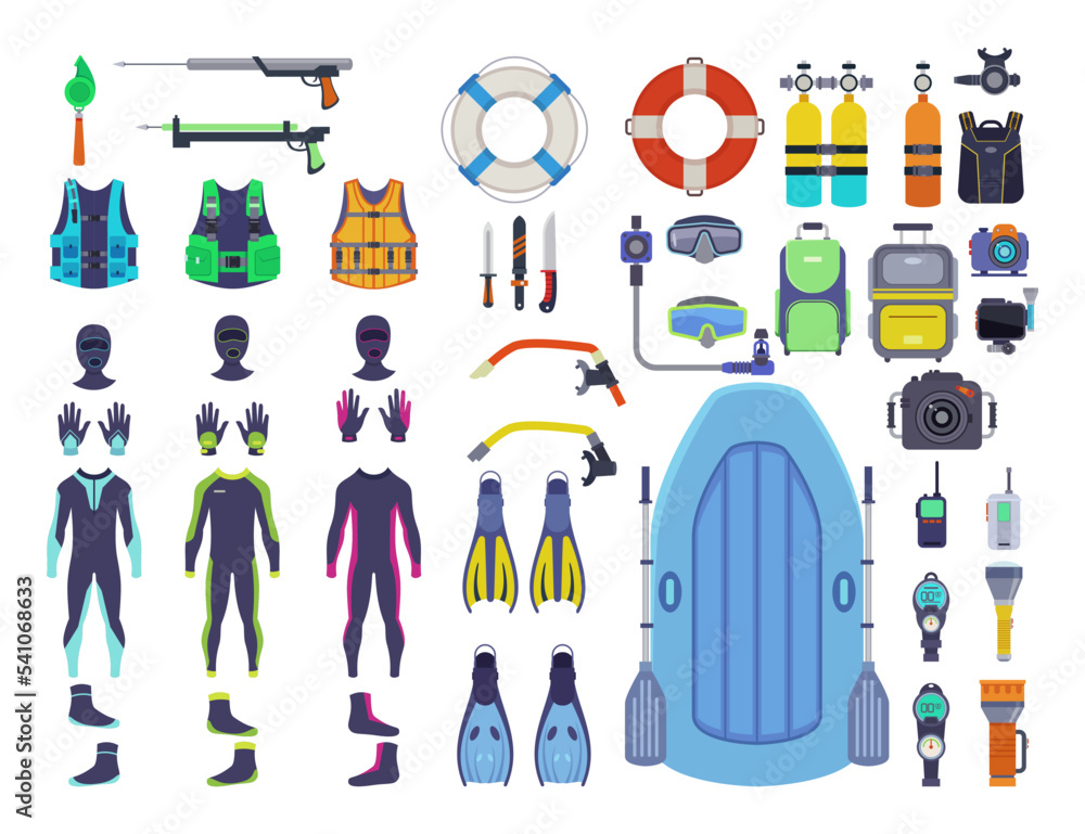 Scuba diving clothes and equipment vector illustrations set. Collection ...