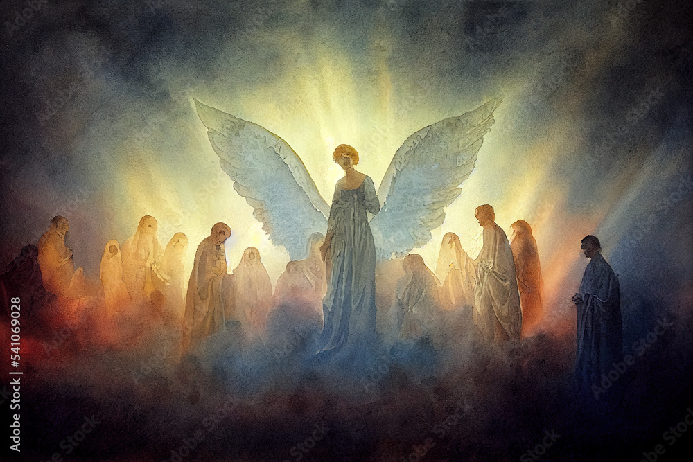 Digital watercolour painting of archangel Michael surrounded by praying ...