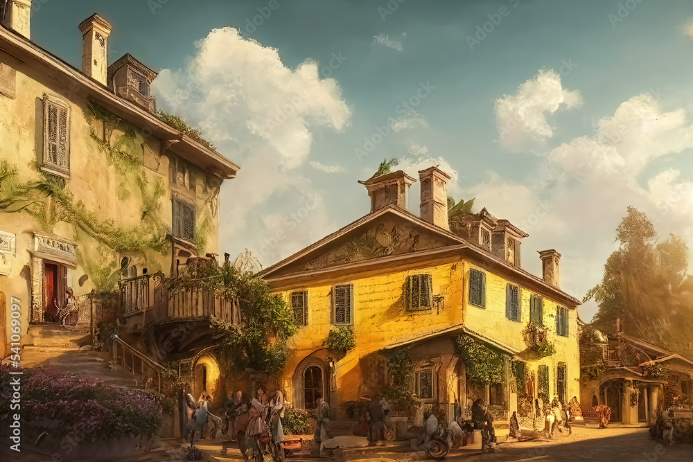 Concept art illustration featuring coastal town of Italy with a yellow ...