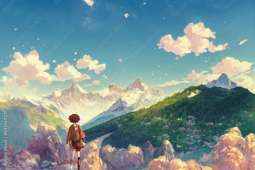 Anime style illustration of cartoon girl character standing in the ...