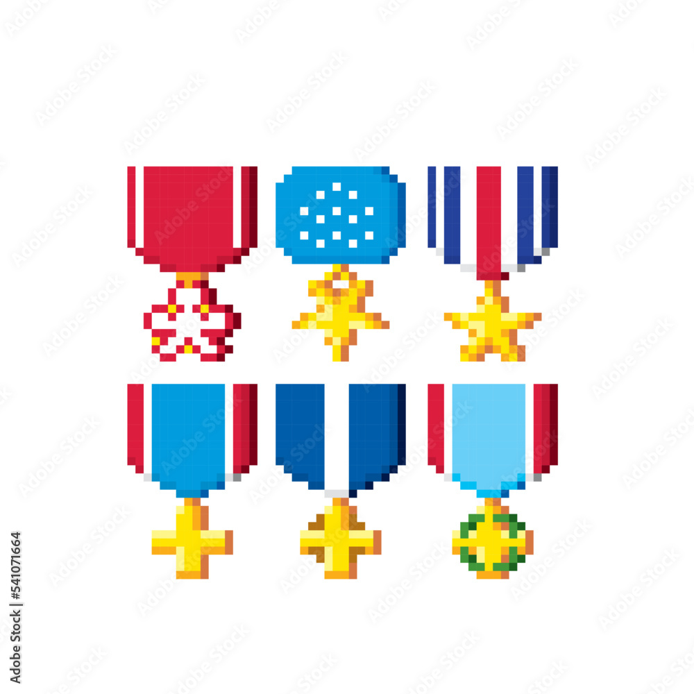 U.S. military medals collection pixel art icon set. Element design for ...