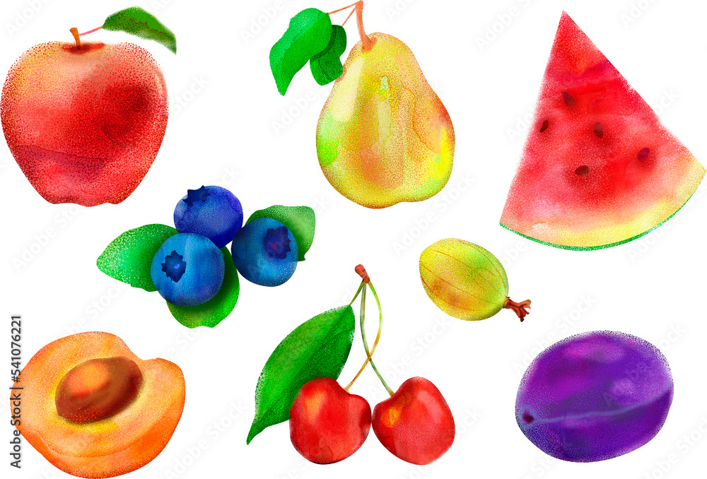 Realistic fruits illustration. Fruit textured aquarell illustration set ...