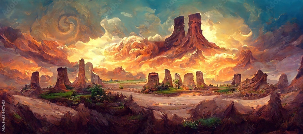 Awe inspiring sandstone butte pillar rock formations, ancient inscribed ...