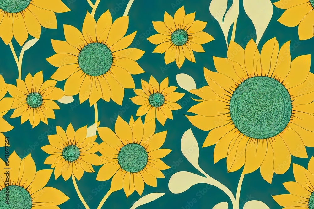 70's retro sunflower seamless 2d illustration pattern. Bold, funky ...