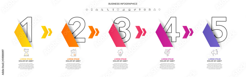 Vector timeline infographics with five steps, icons, flowchart ...