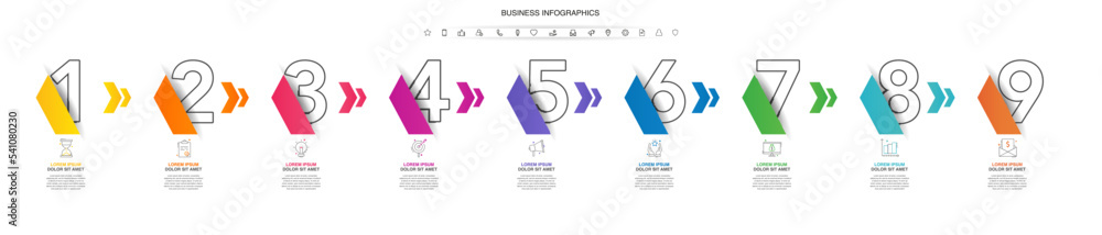 Vector timeline infographics with 9 steps, icons, flowchart, workflow ...