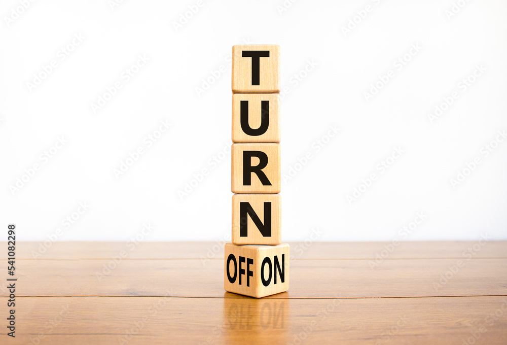 Turn on or off symbol. Concept words Turn off and Turn on on wooden ...