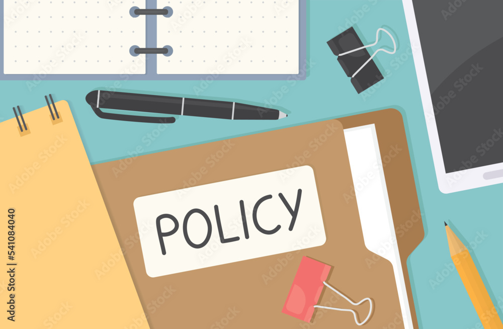 policy word written on a file folder, flat lay composition of office ...