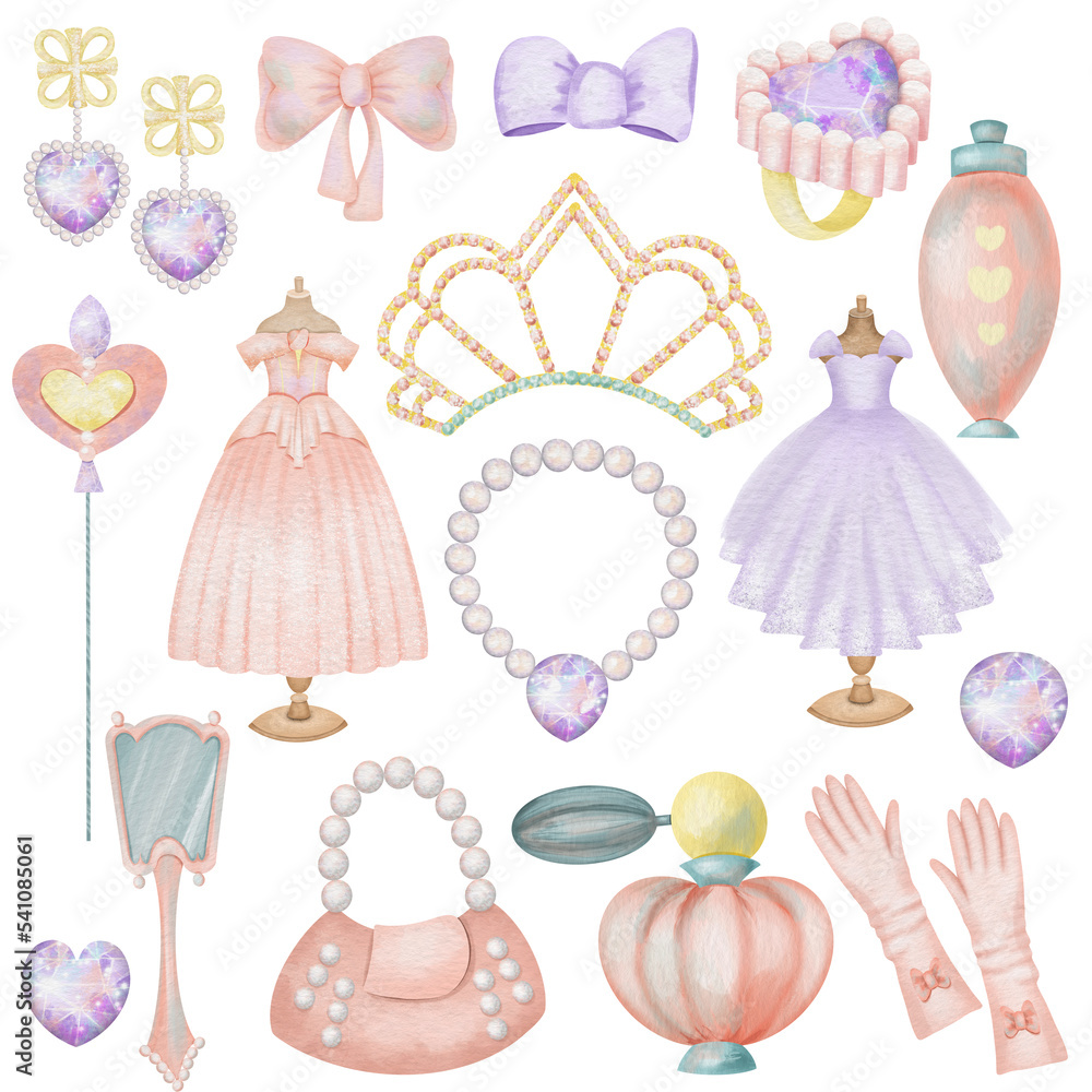 Set of watercolor princess elements, princess dress and accessories ...