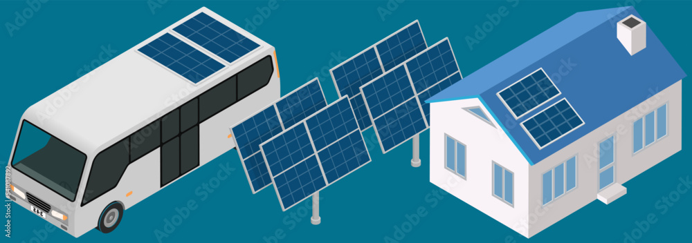 Modern smart electrical solar power plant technology. Transport bus and ...