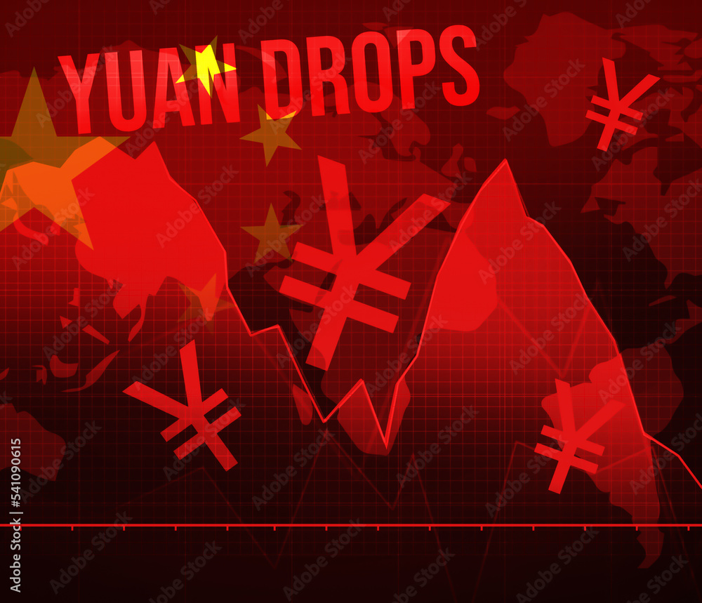 Chinese Yuan Price goes down concept background with a red alarming ... Chinese Yuan Price goes down concept background with a red alarming ...
