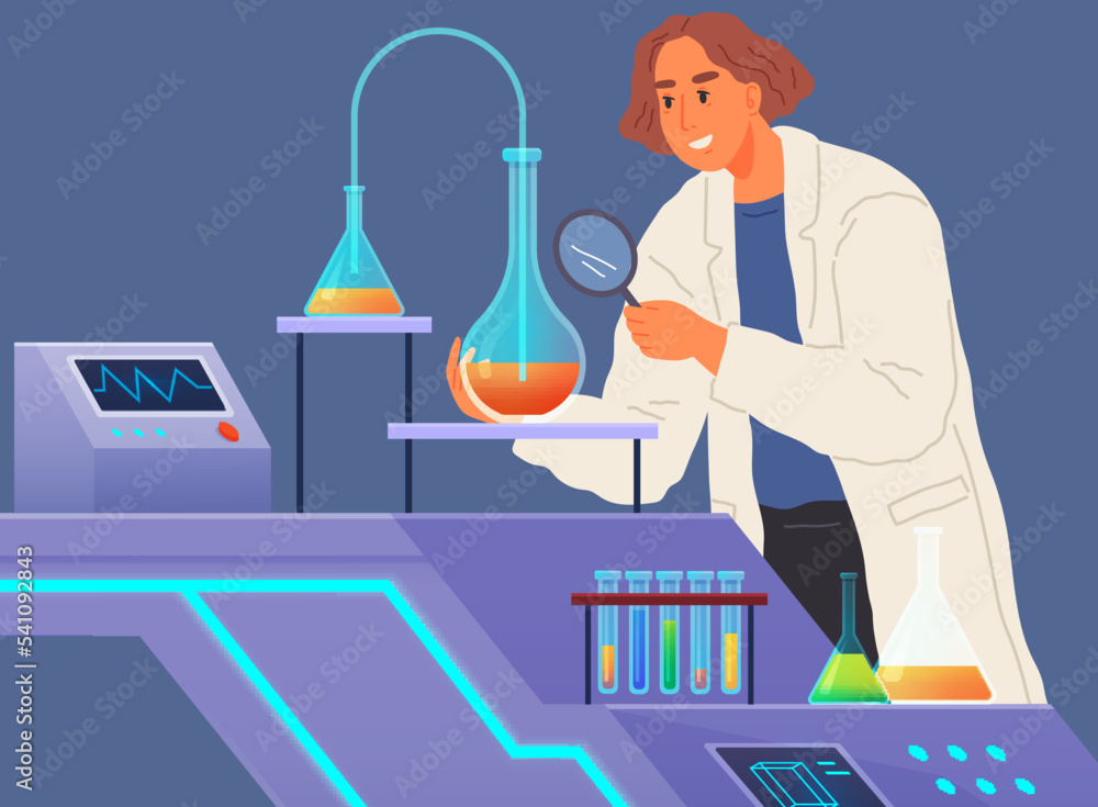 Scientist conducting experiments and liquid research in lab with modern ...