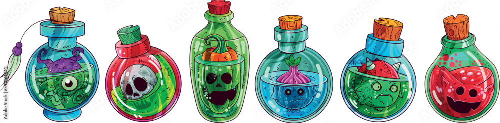 Collection set of magic potions for Halloween or any use, includes six ...