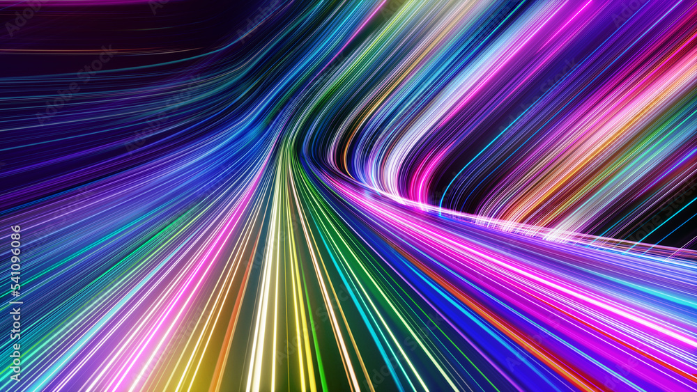 3d render, abstract background with glowing neon curvy lines. Modern ...