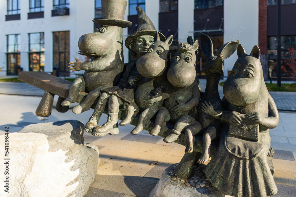 Moomins (mummy trolls) on the bench sculpture from classic children's ...