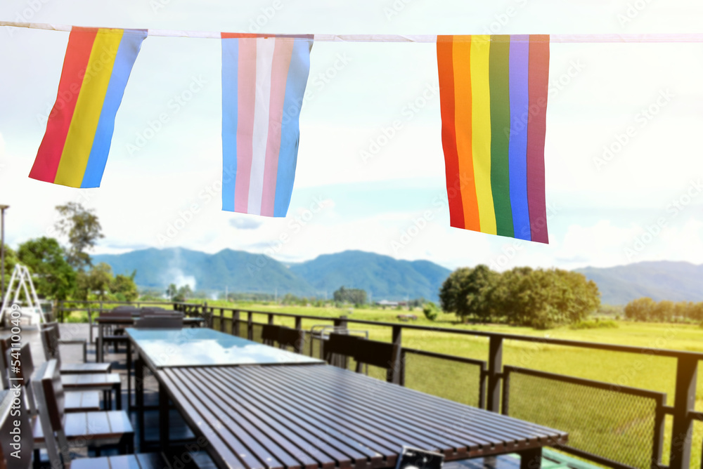 Lgbtq+ flags were hung on terrace of the asian house to decorate ...