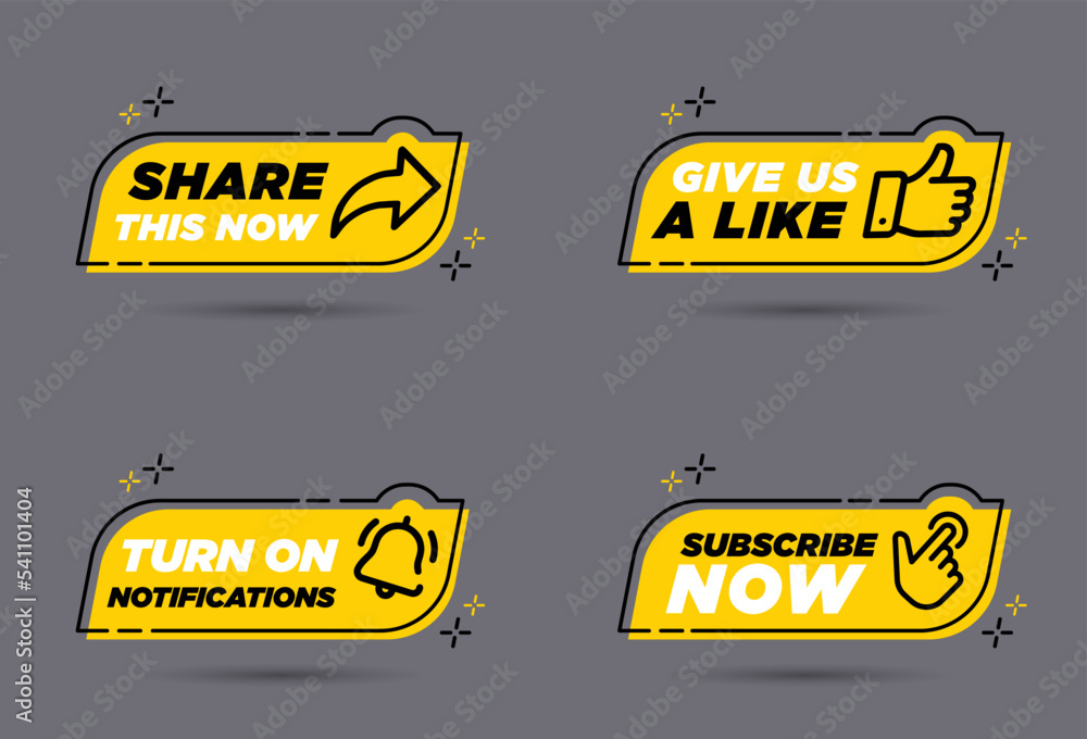 Share, Like, Notification, and Subscribe Buttons. Yellow and Black Set ...