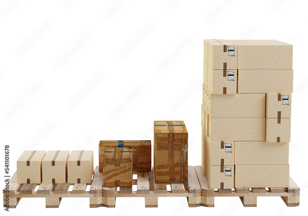 Boxes on pallet. Warehouse with different types of boxes. Closed boxes ...