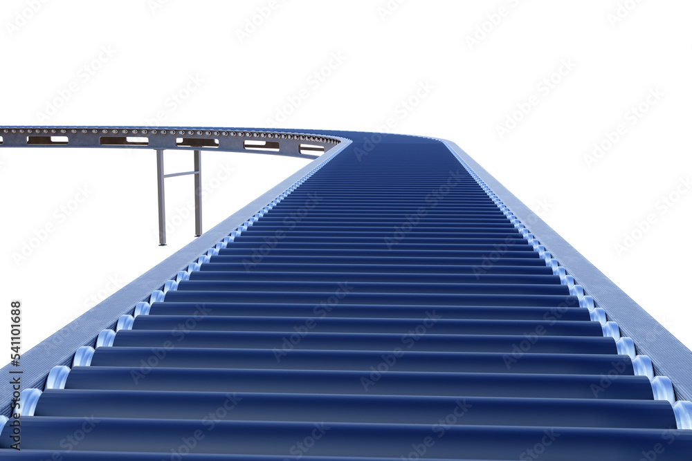 Blue conveyor belt. Curved conveyor isolated on white background. Empty ...