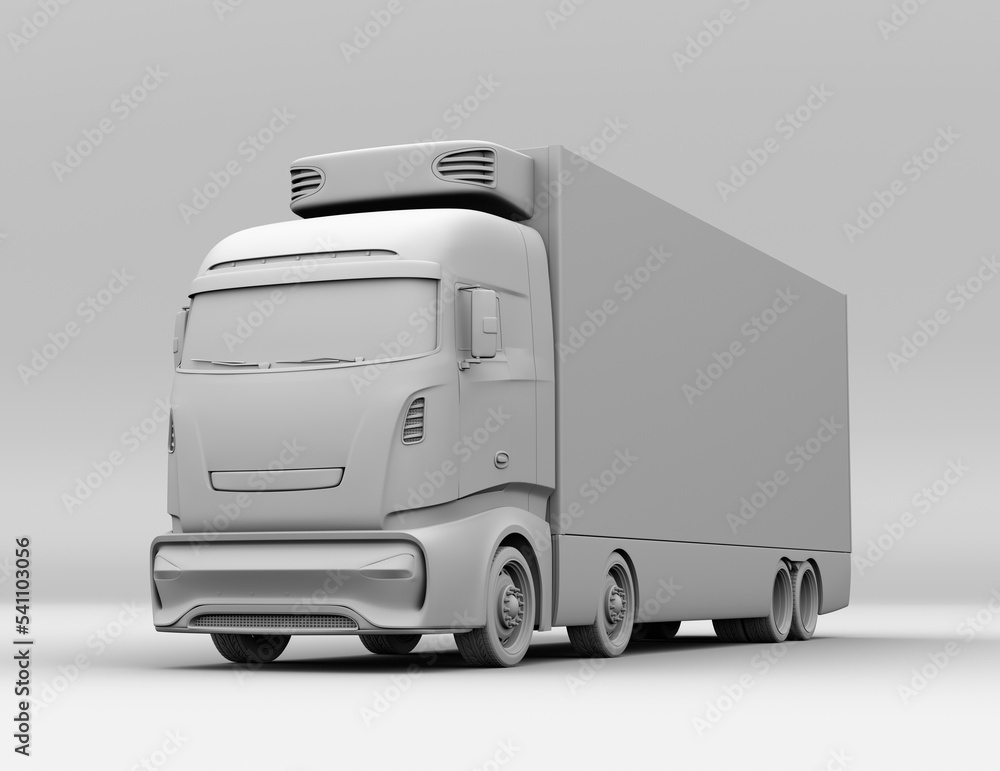 Clay rendering of heavy truck with reefer container. Cold chain concept ...