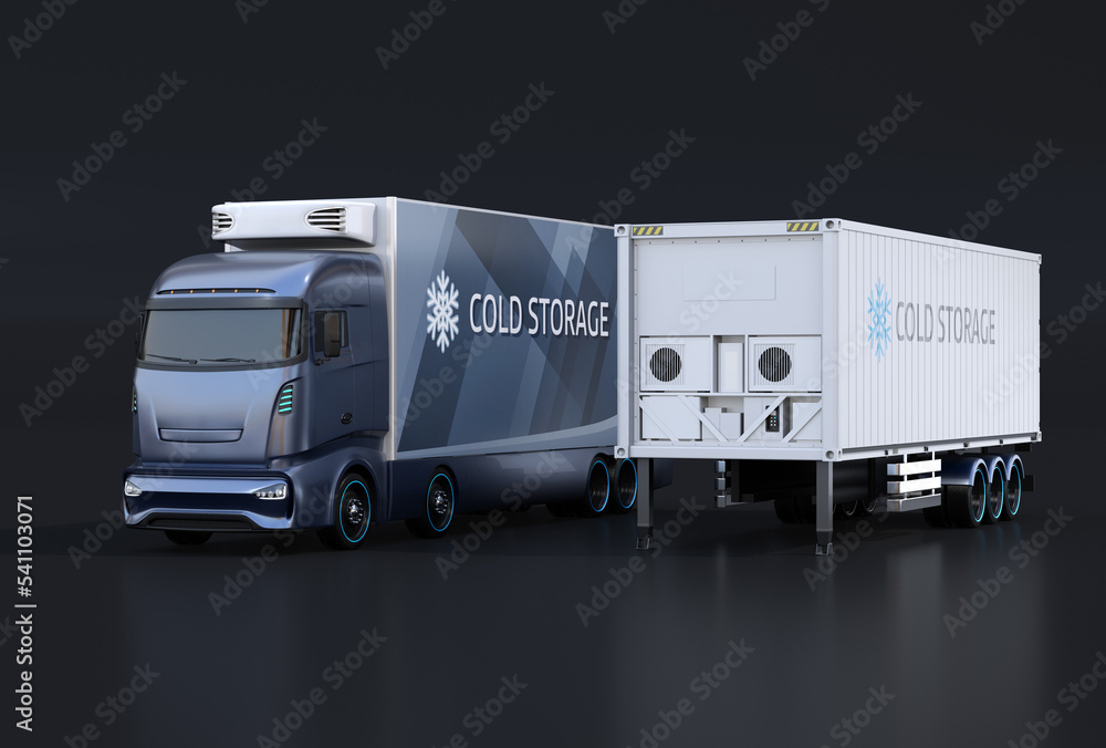 Blue electric truck with reefer container and single container trailer ...