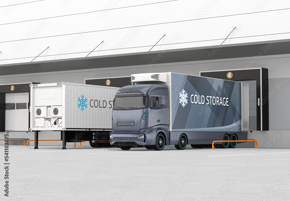 Blue electric truck with reefer container and single container trailer ...
