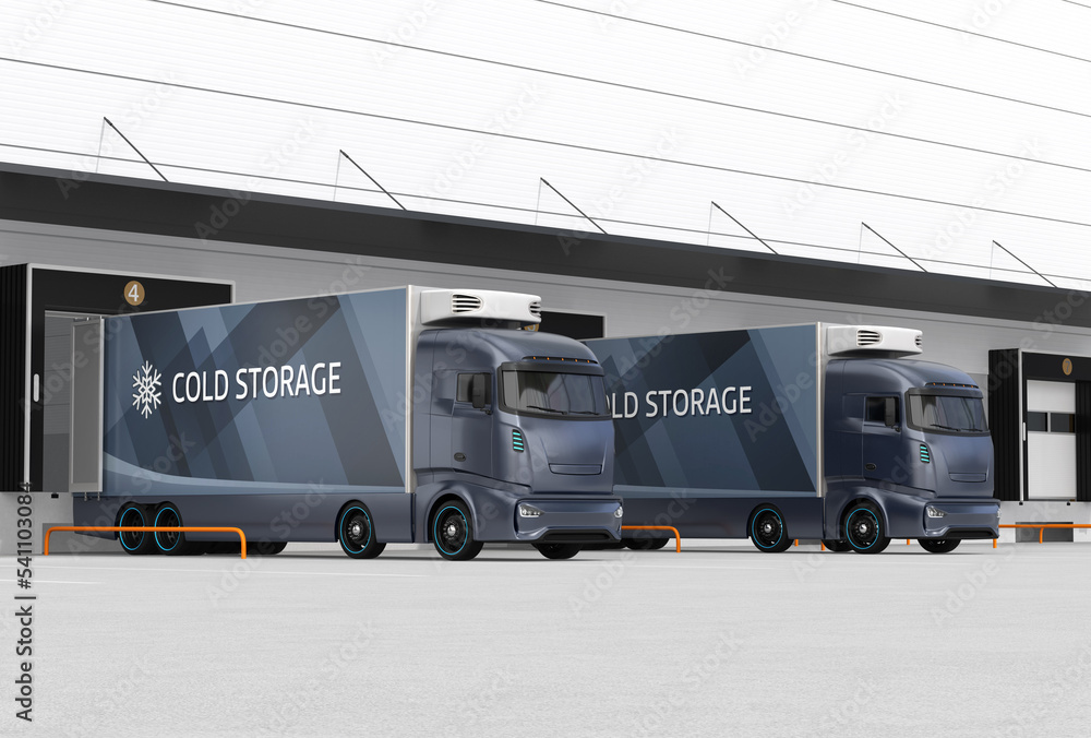 Blue electric trucks with reefer container parking in logistics center ...