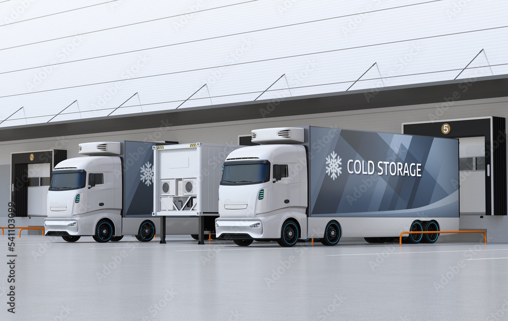 White electric trucks with reefer container and single container ...