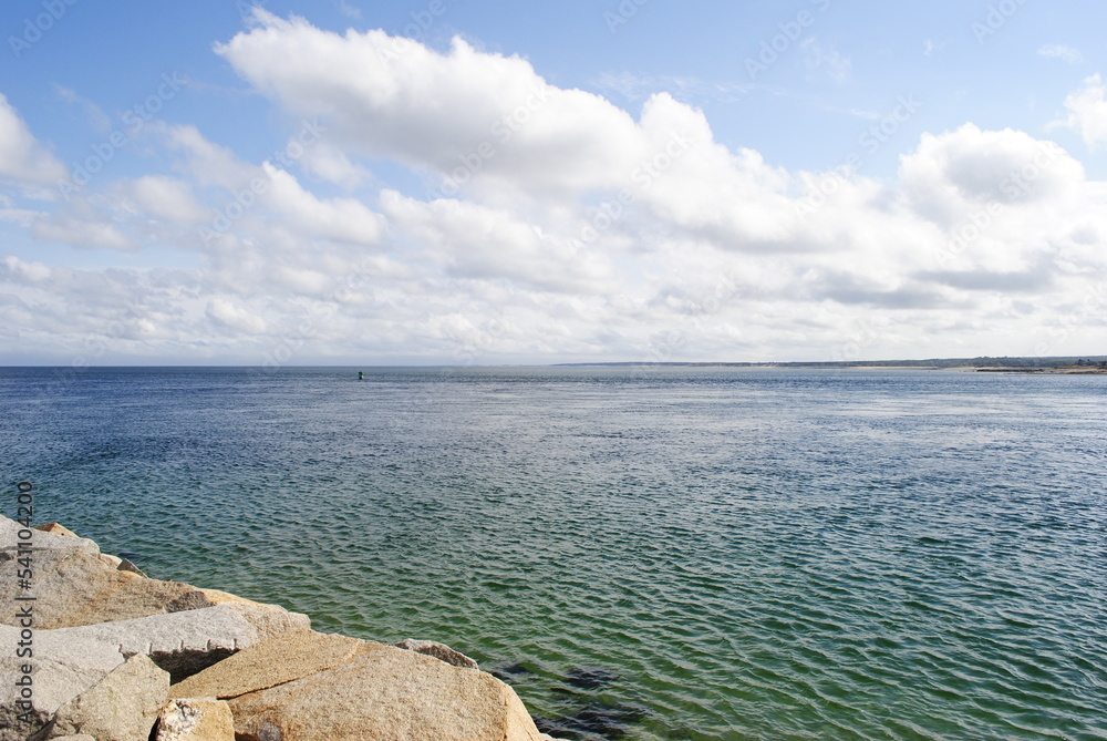 Sandwich, MA USA October 4, 2022: The view of a calm Cape Cod bay on a ...