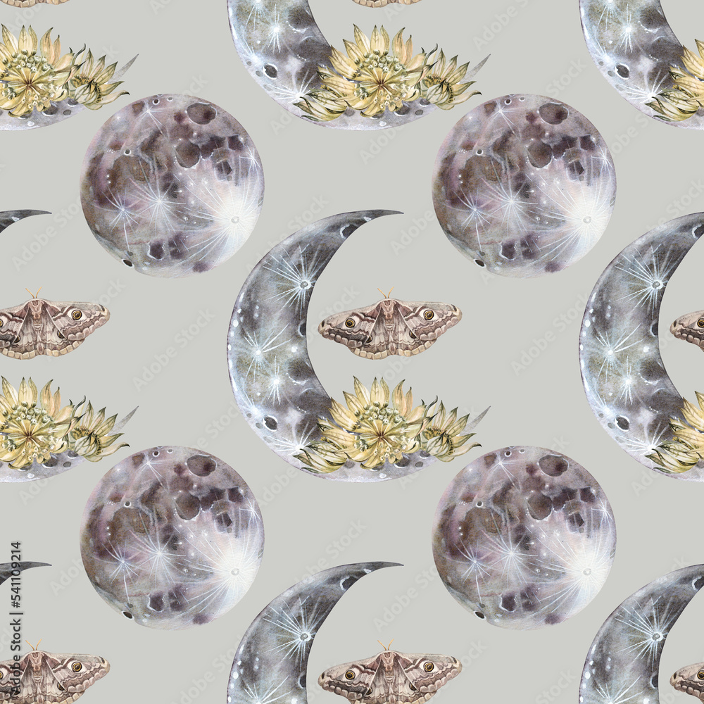 Seamless pattern watercolor magic moon month with moth and flower on ...