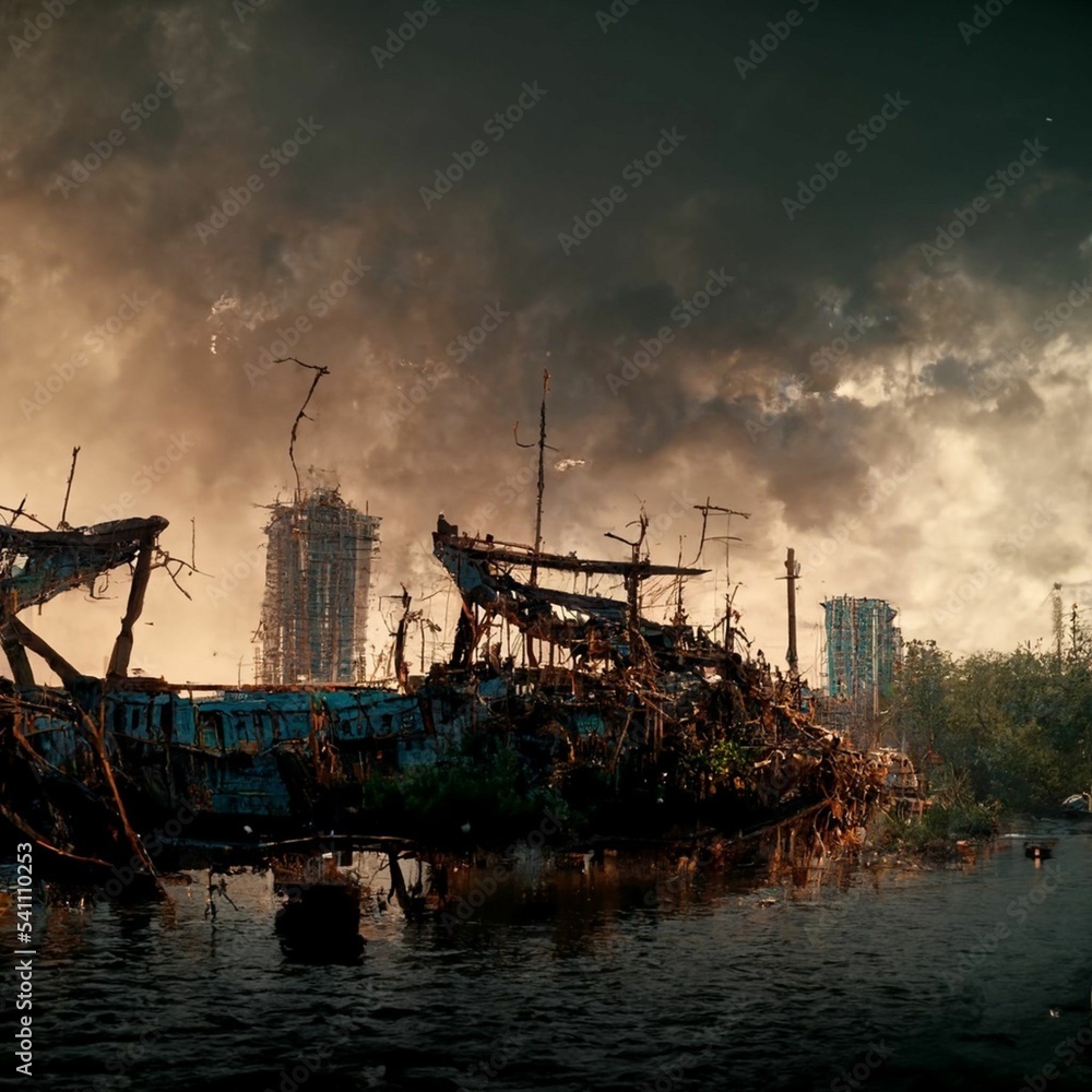 AI-generated digital art of a post-apocalyptic city with destroyed ...