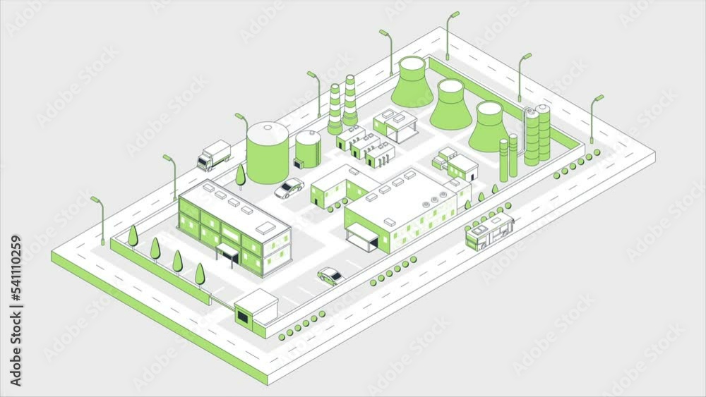 Modern Factory Isometric Map video concept. Moving banner with ...