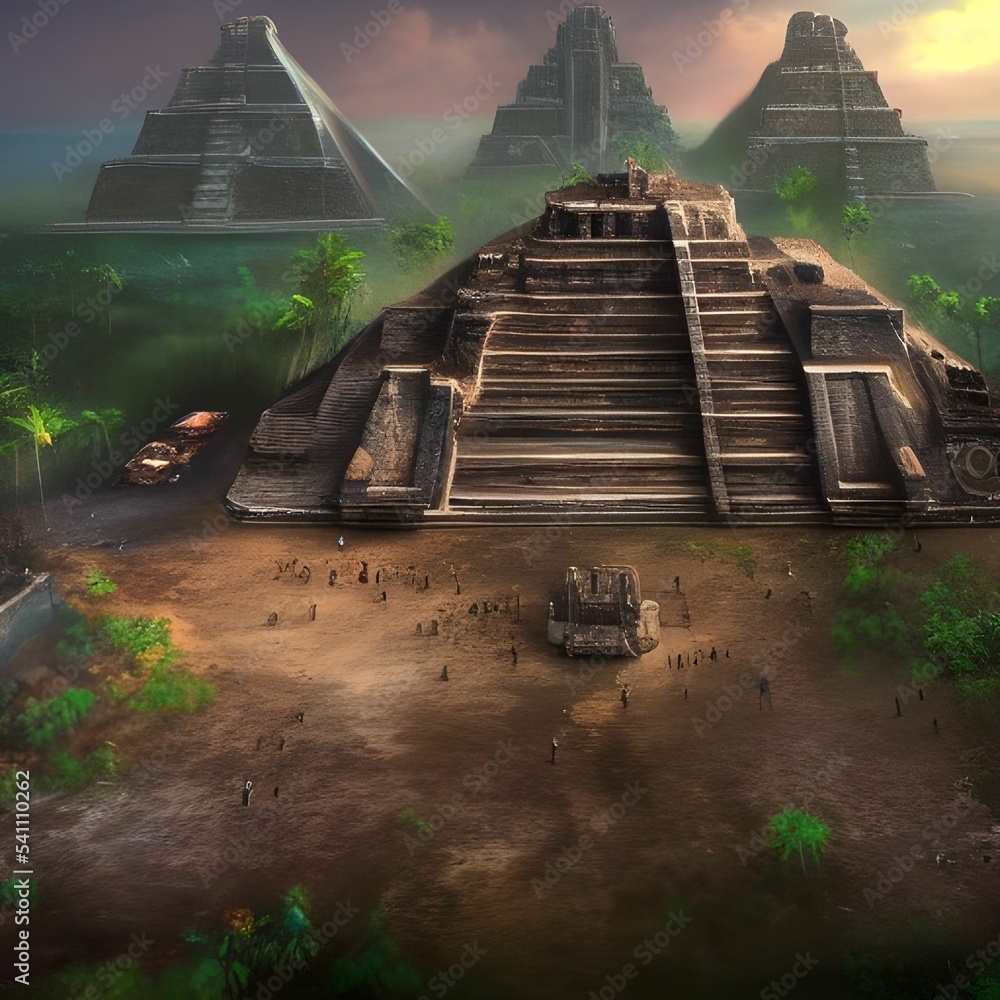 AI-generated digital art of a Mayan city with a tall pyramid in nature ...