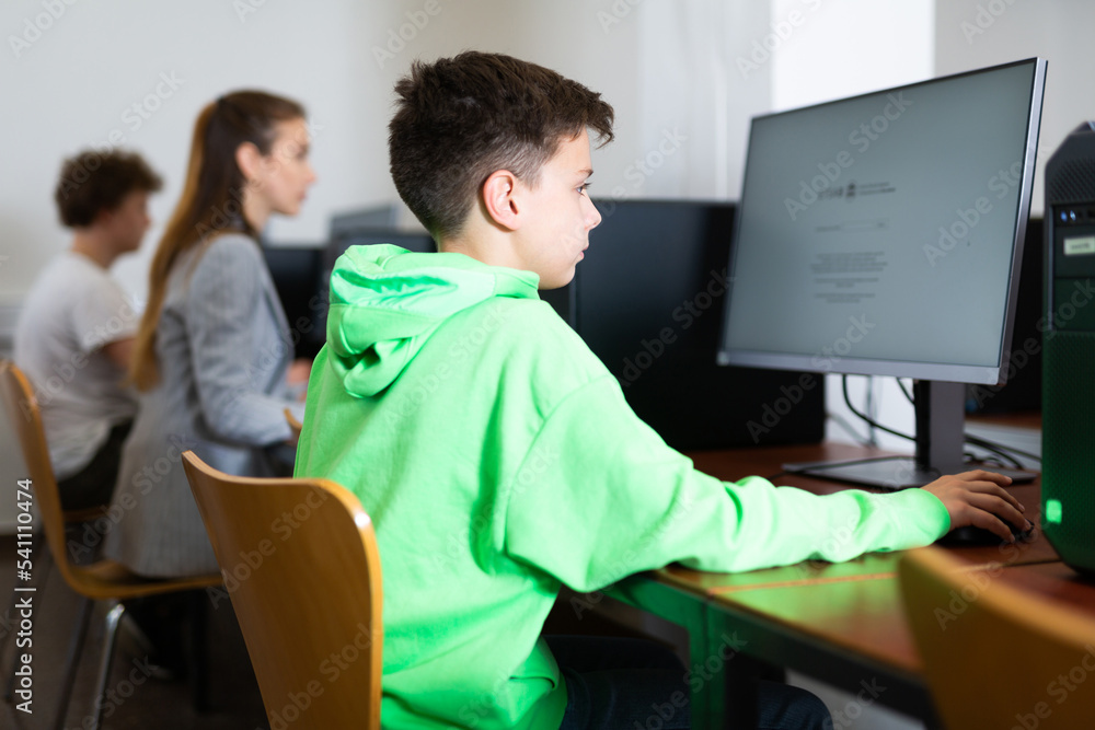 Smart focused tween boy studying with classmates in modern computer lab ...