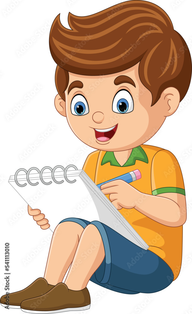 Cartoon little boy sitting and writing on notebook Stock Vector | Adobe ...