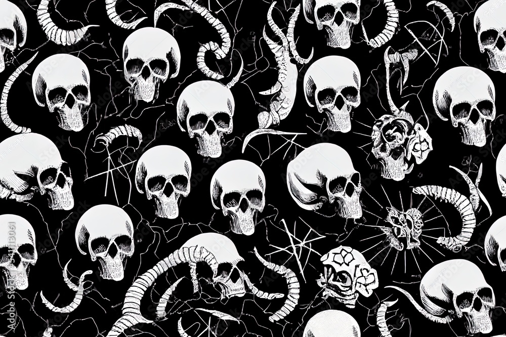 seamless pattern with goat head, human skulls, esoteric and occult ...