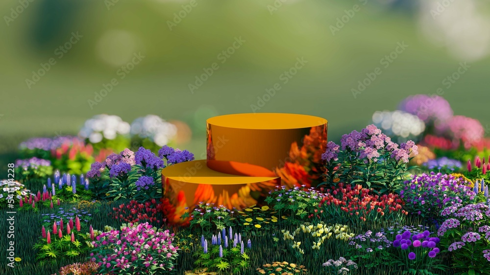 Abstract beautiful full color flower field scene with gold or metal ...