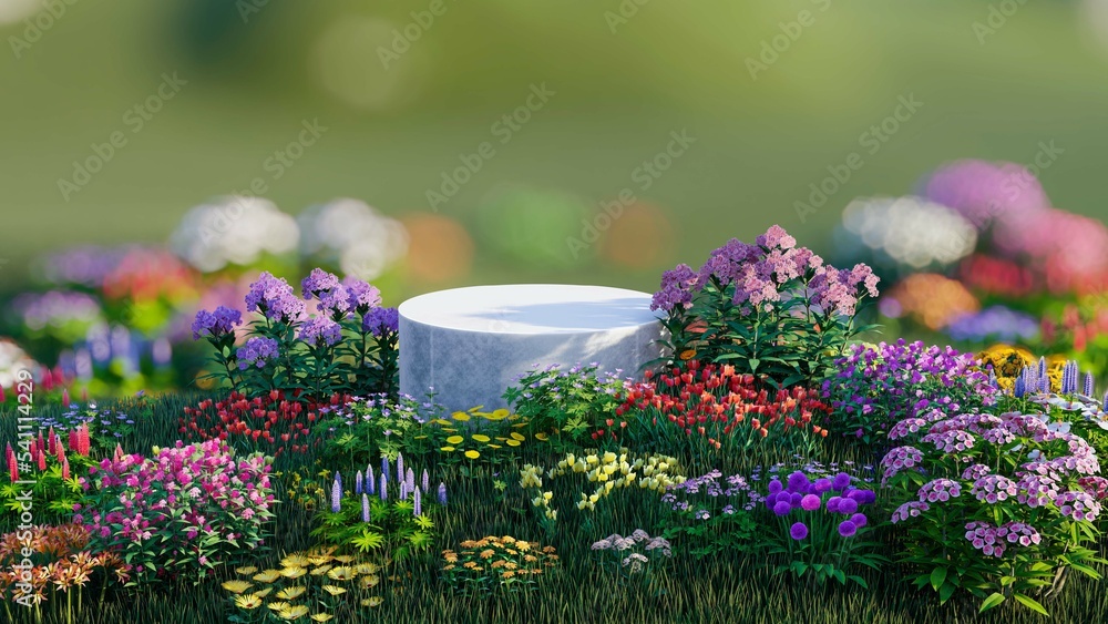 Abstract beautiful full color flower field scene with podium for ...