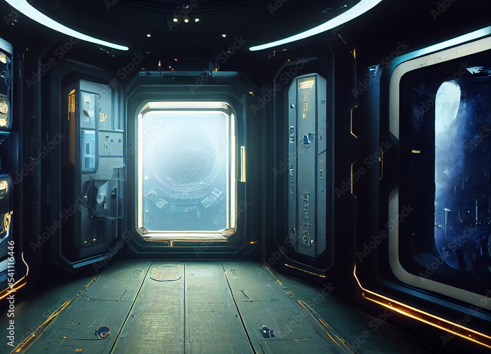 Space habitation outpost, lush interior portal, cyber-organic,interior ...