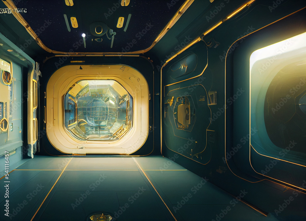 Space habitation outpost, lush interior portal, cyber-organic,interior ...