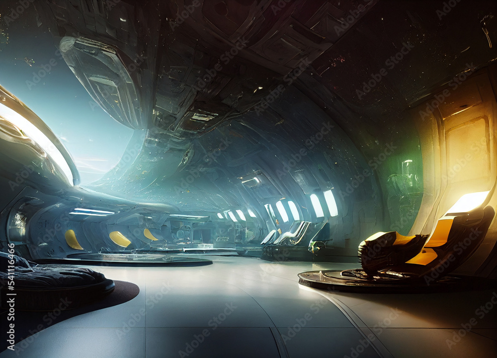 Space habitation outpost, lush interior portal, cyber-organic,interior ...