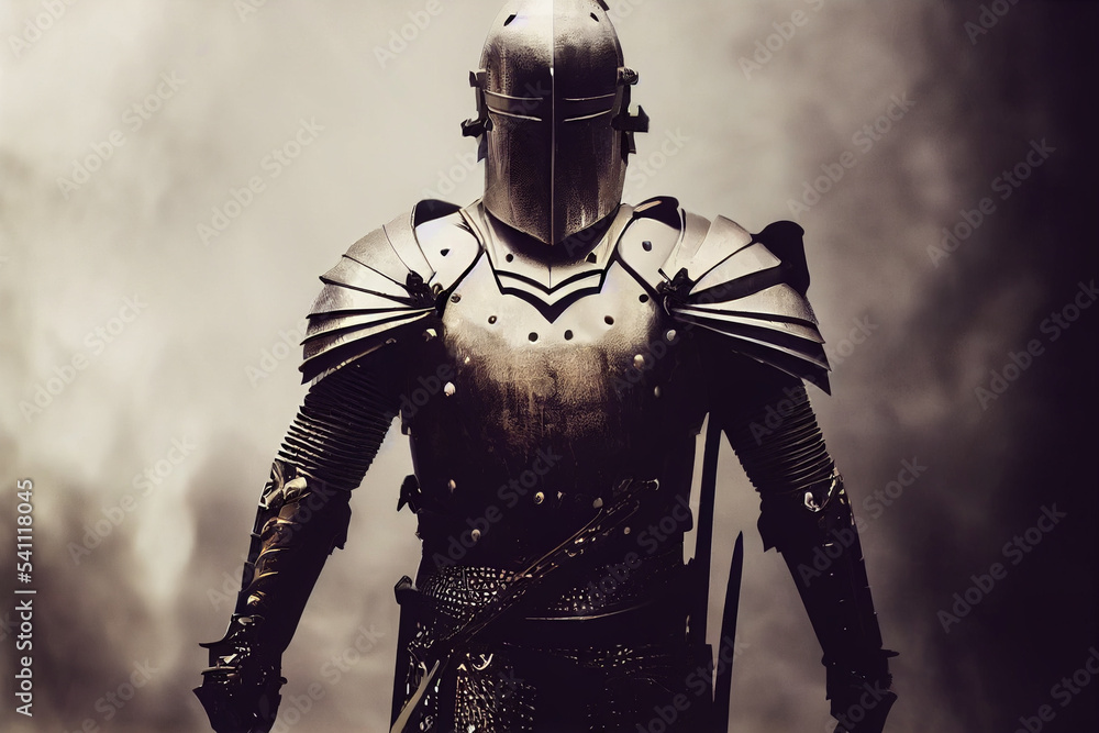 Portrait of Medieval armed knight in armor holding a sword weapon with ...