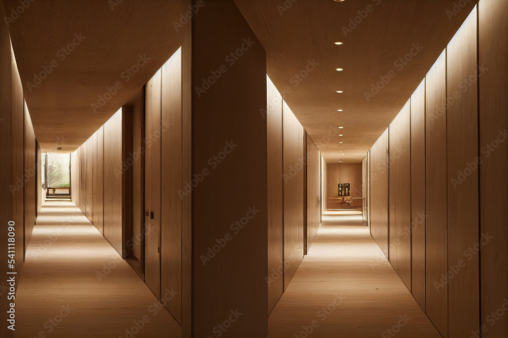 Lightning long hallway in a modern home. Empty stylish interior ...