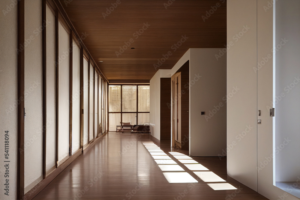 Lightning long hallway in a modern home. Empty stylish interior ...