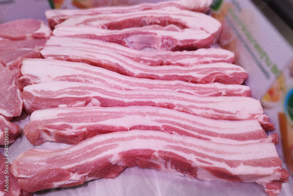 Fresh Pork belly, Raw fresh pork belly slice. Meat on Butcher shop ...